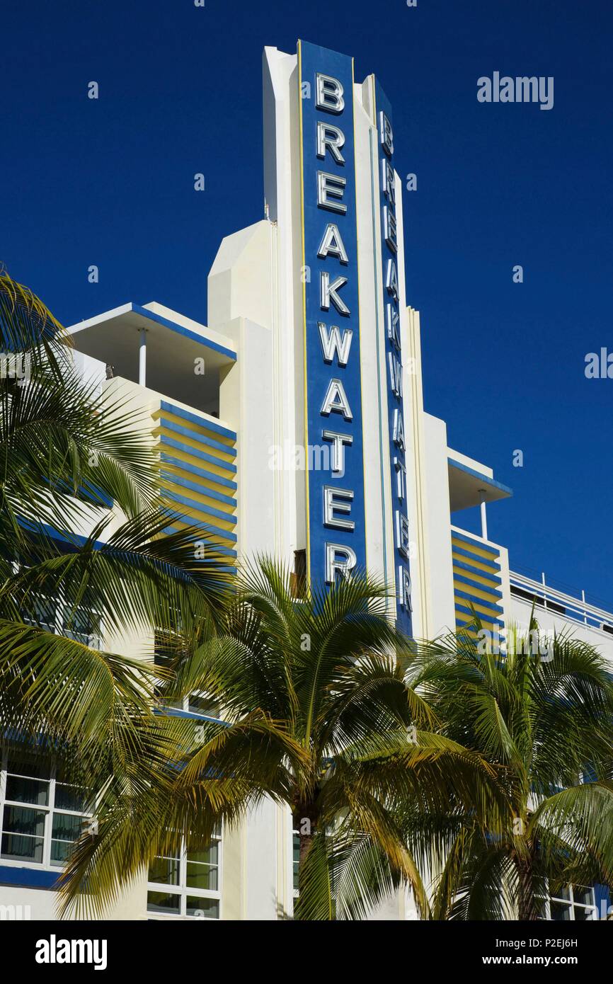United States, Florida, Miami, Facade Art Deco of the hotel Breakwater ...