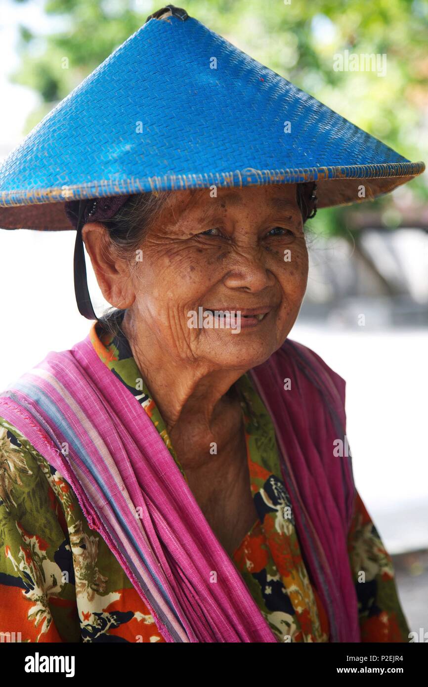 Indonesia, Java, Yogyakarta, Old woman wearing a conical hat Stock ...