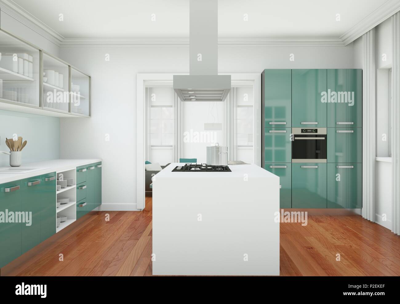modern green kitchen in a flat with beautiful design Stock Photo - Alamy