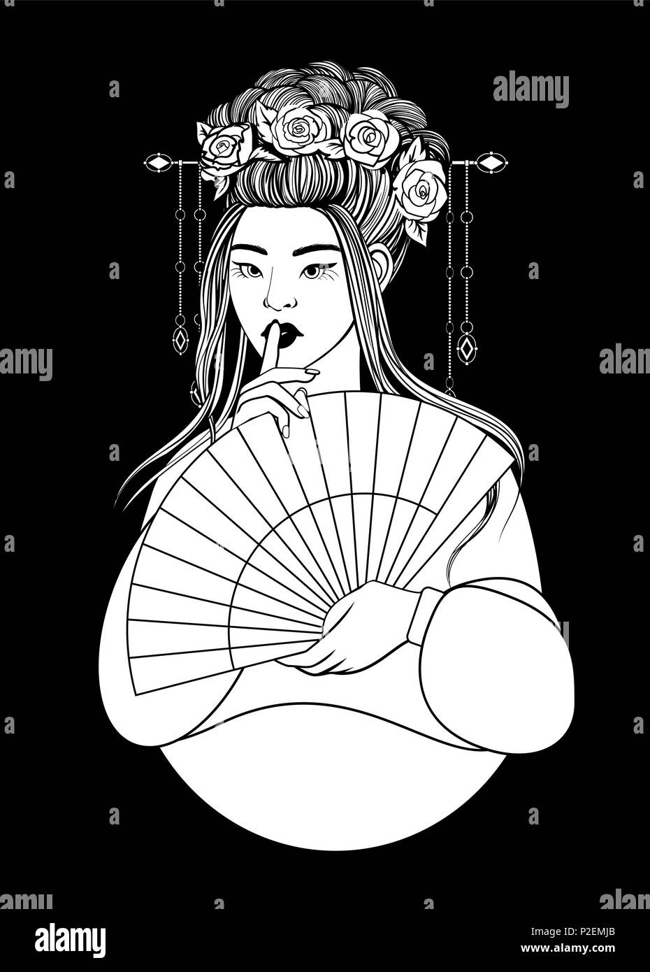 Beautiful asian woman in hanbok, with flowers and fan. Outline drawing ...