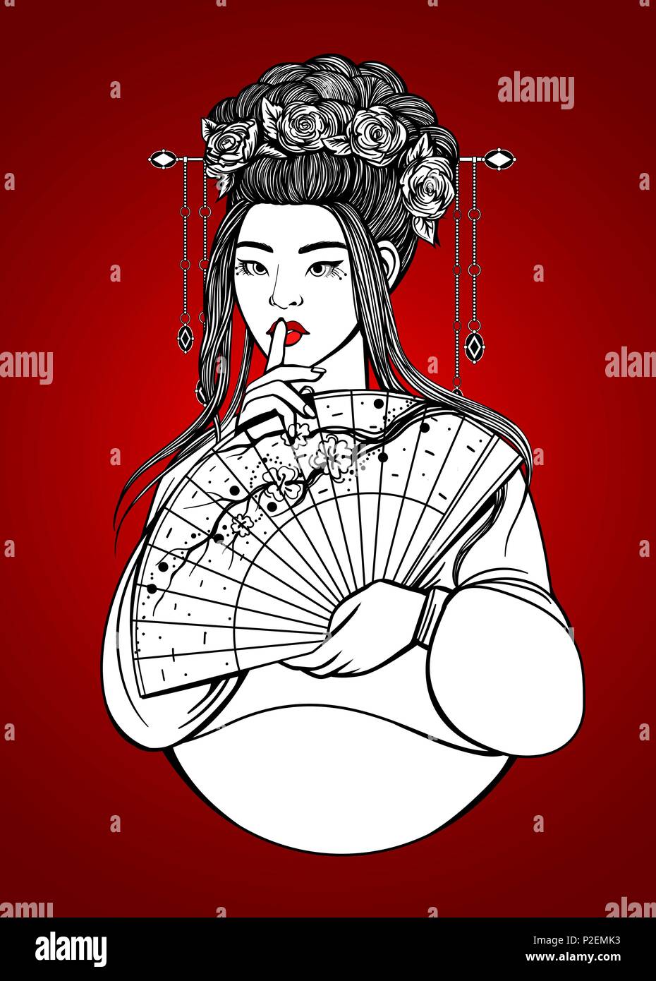 Beautiful asian woman in hanbok, with flowers and fan. Outline drawing ...