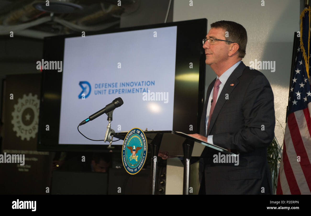 Defense Secretary, Ash Carter, speaks to innovation leaders during a ...