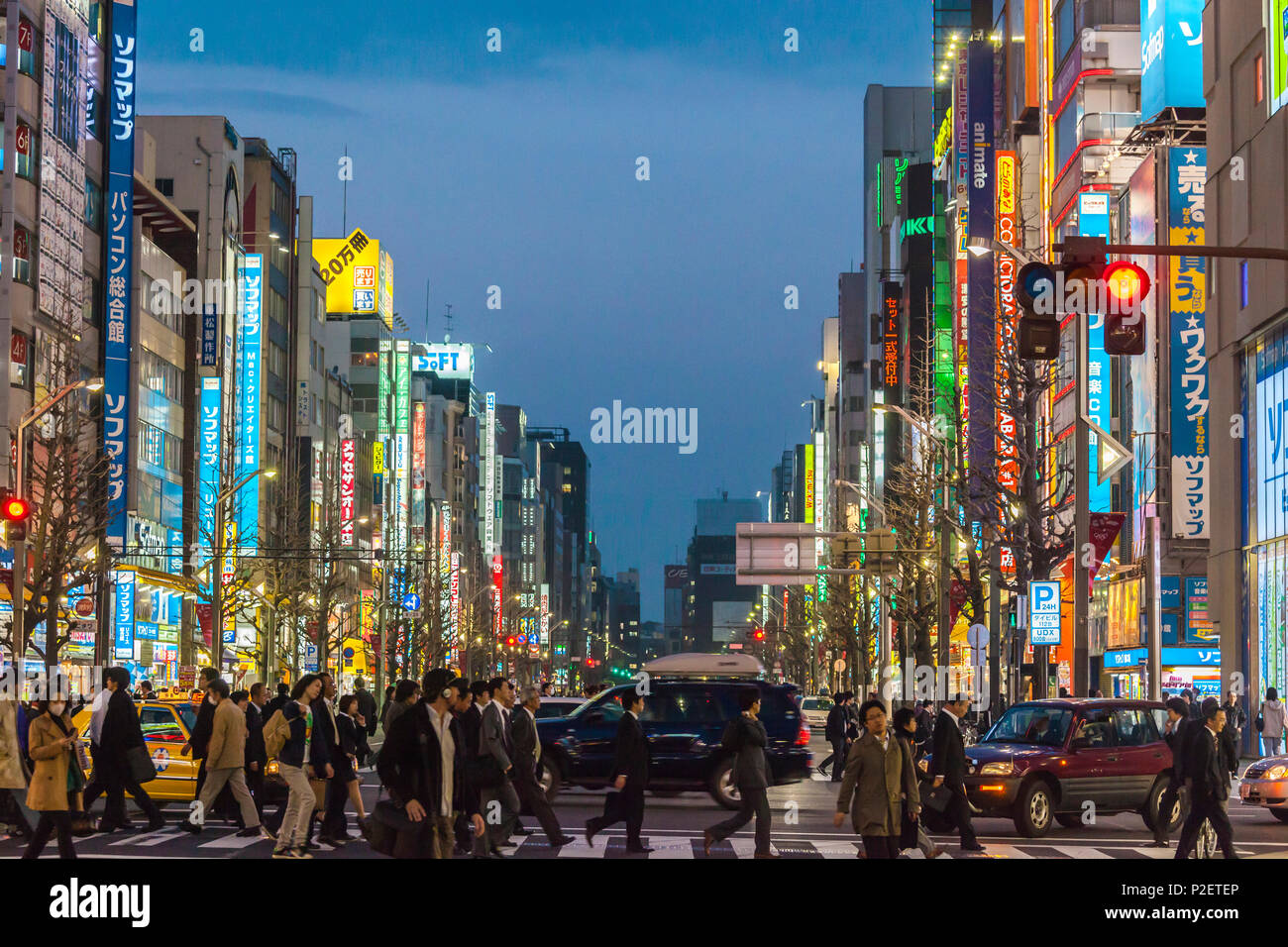 Illuminated signboards and pedestrians crossing Chuo-Dori in Akihabara ...