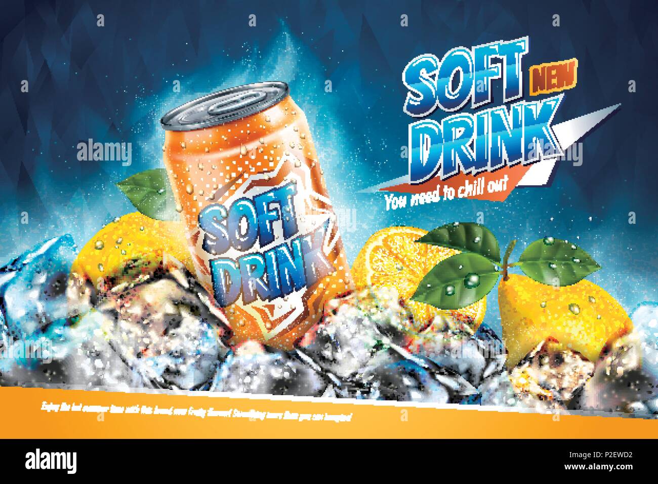 Soft drink ads with sliced lemon on freezing ice cubes in 3d ...