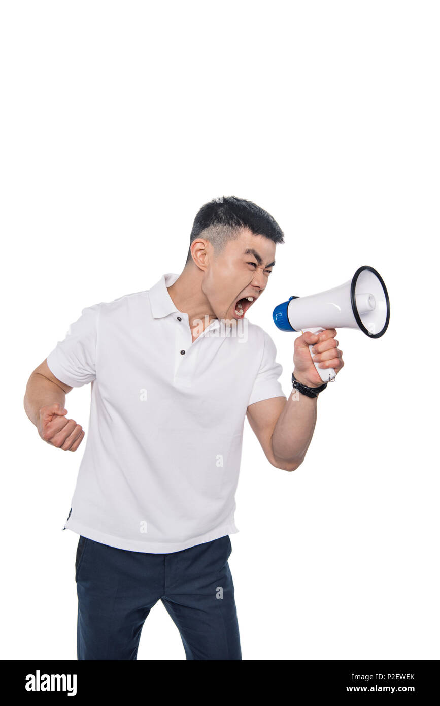 portrait of asian man screaming in bullhorn isolated on white Stock ...