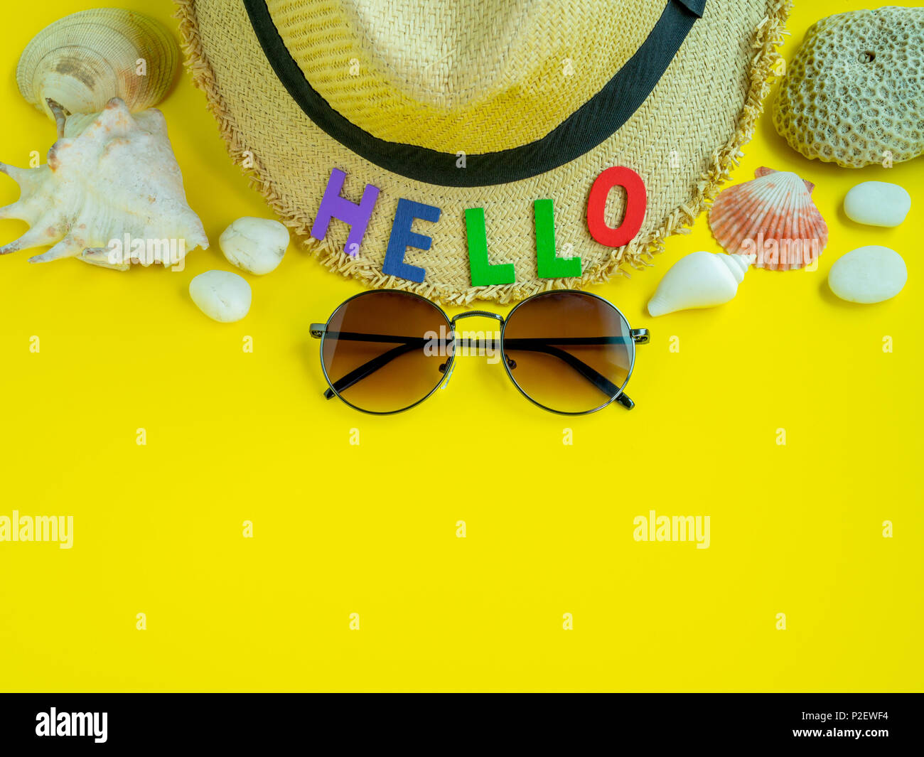 Flat Lay Beach Accessories, Beach Hat, Sunglasses with Hello Colourful ...
