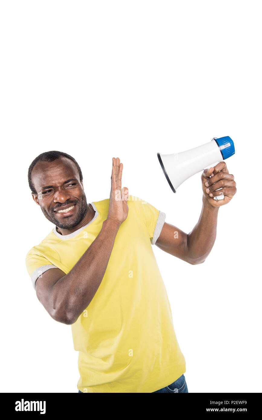 portrait of african american man with bullhorn isolated on white Stock ...