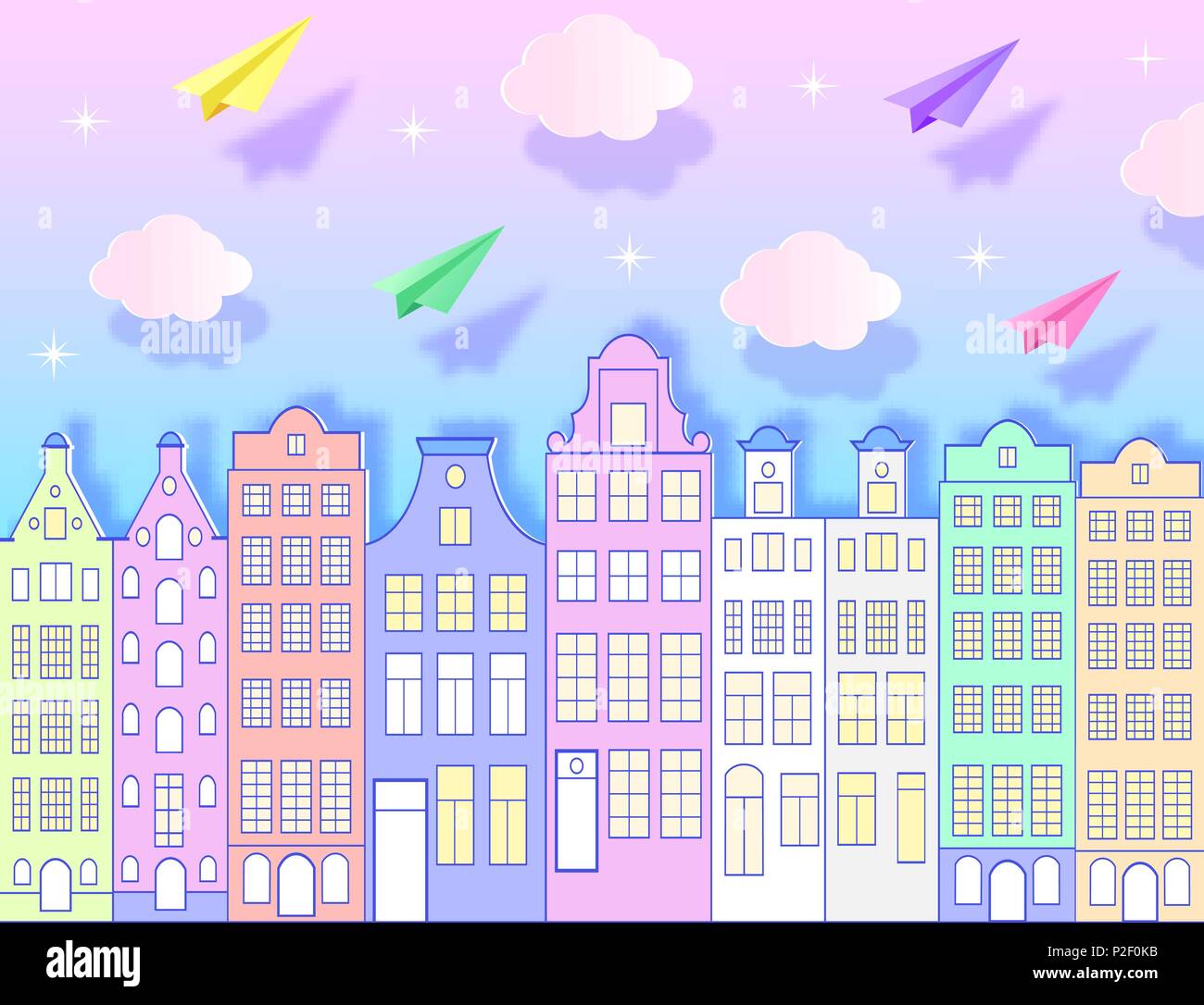 Building, paper airplanes, sky and clouds. Vector illustration. Paper ...