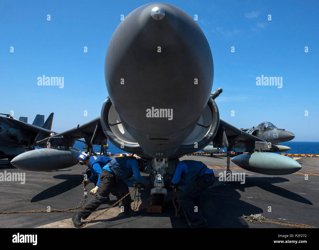 160906-N-TO519-301 MEDITERRANEAN SEA (Sep. 6, 2016) Sailors chain an AV ...