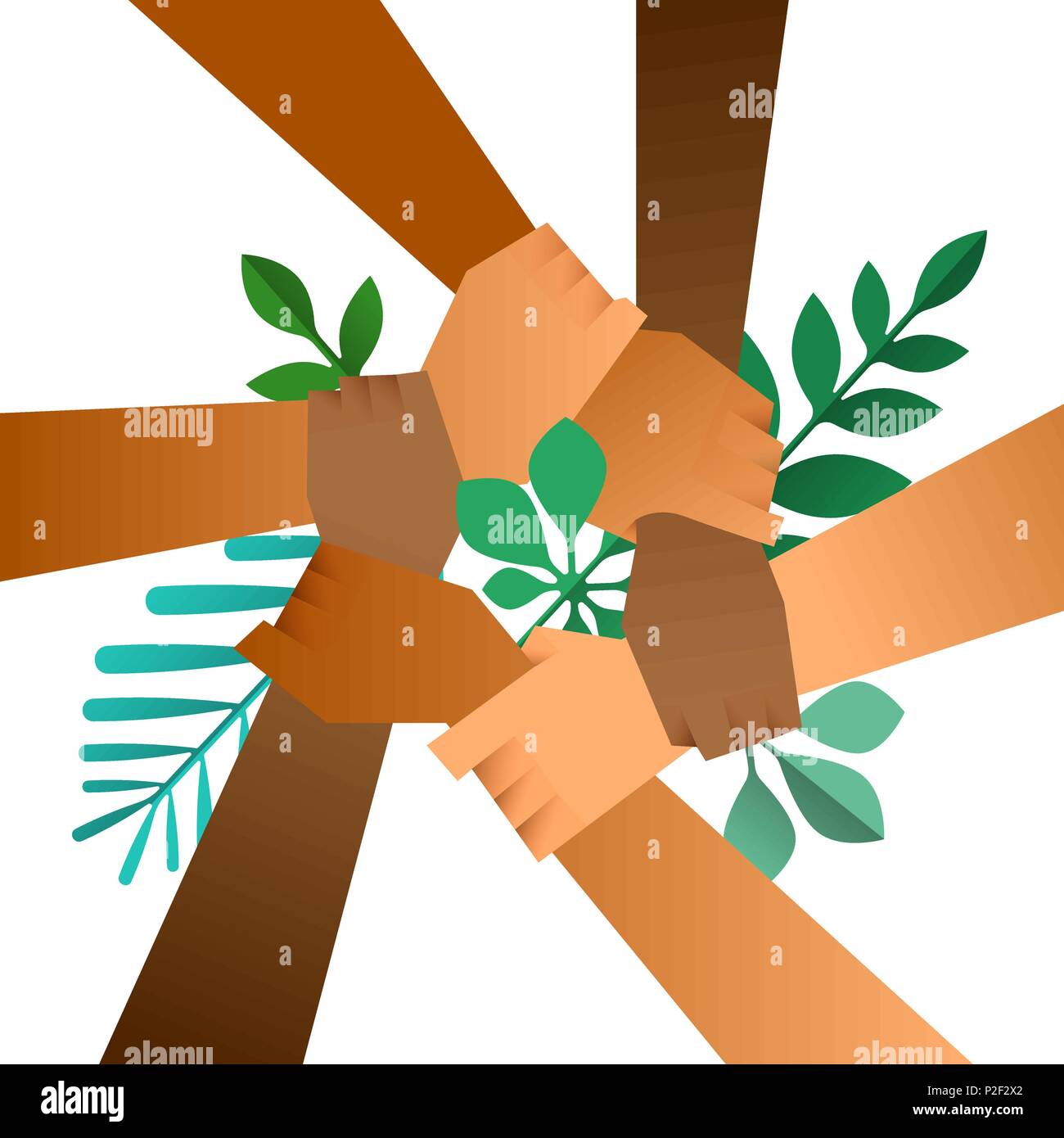 Diverse human hands and green leaves on isolated background. Nature ...