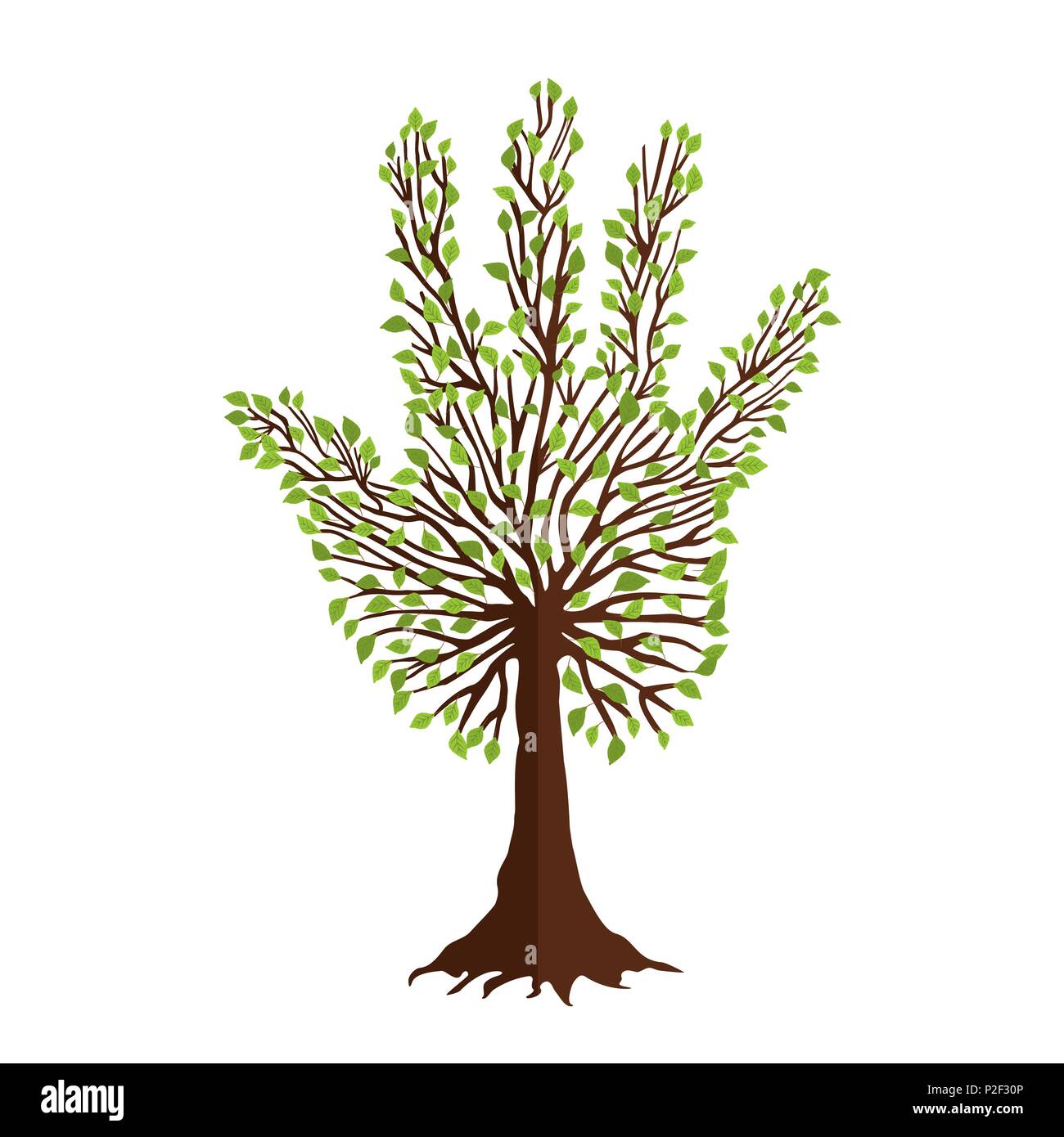 Tree with green human hand shape in branches. Nature help concept ...