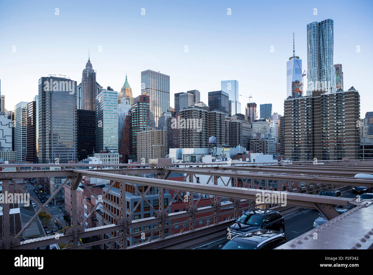 On Brooklyn Bridge, view of One Word Trade Center, downtown, Manhattan ...