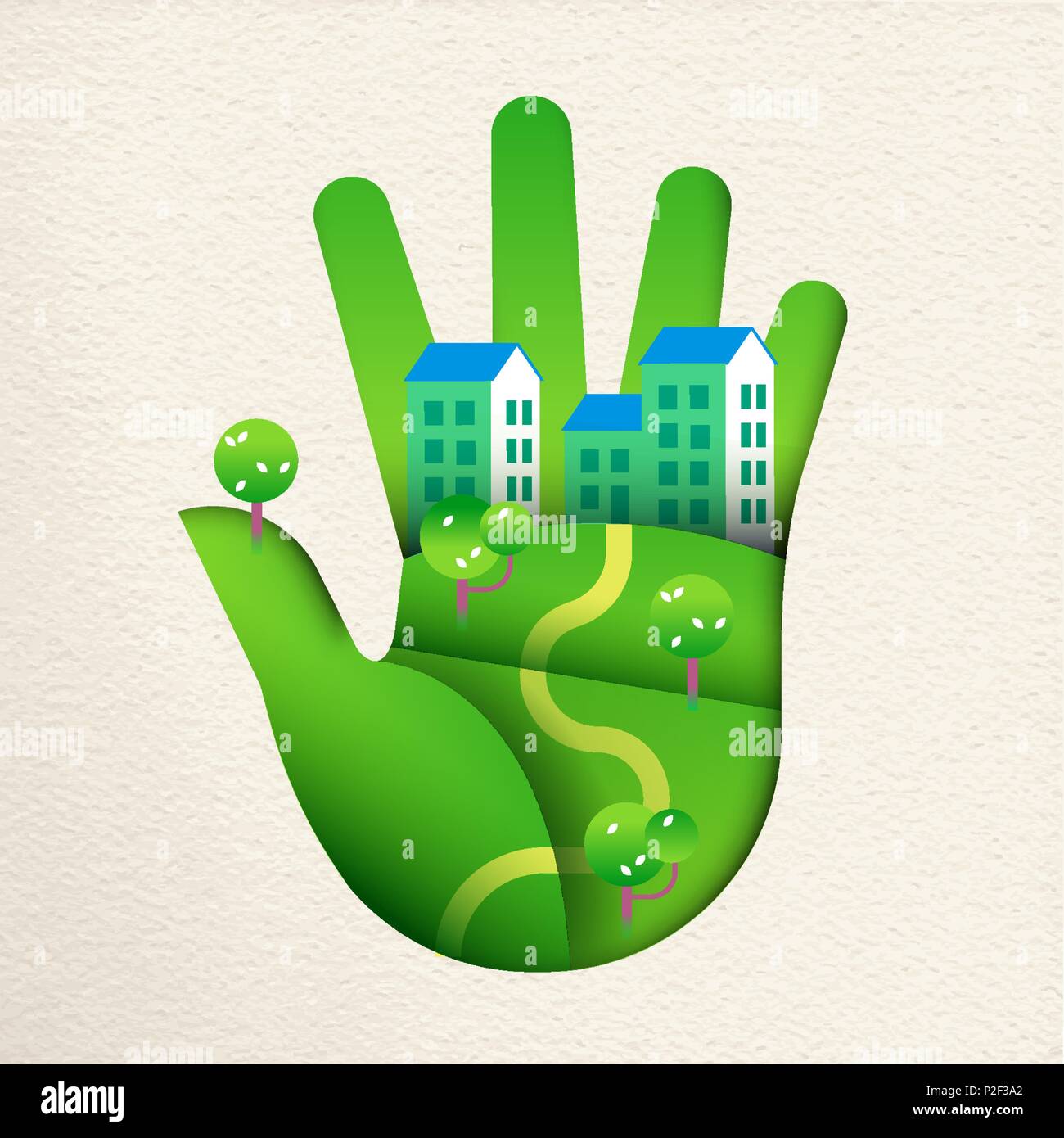 Green human hand in paper cut art style with smart city landscape ...