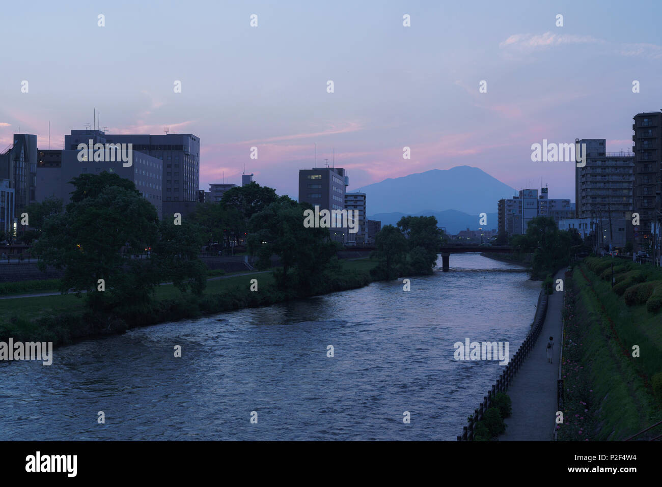 Asahibashi Bridge and Kitakami River, Mt. Iwate on back, view from ...