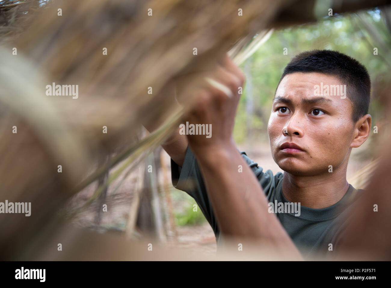 Chinese People's Liberation Army Lt. Qian Zhang constructs a shelter ...