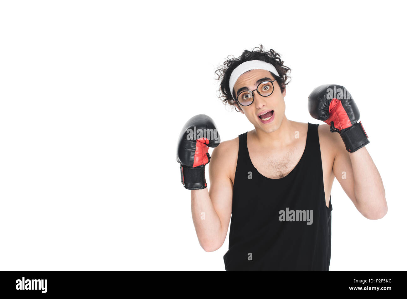 Young thin boxer in eyeglasses standing isolated on white Stock Photo ...