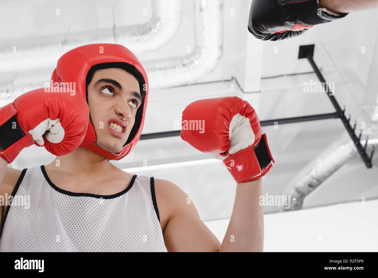 Low angle view of angry skinny sportsman in boxing helmet and gloves ...