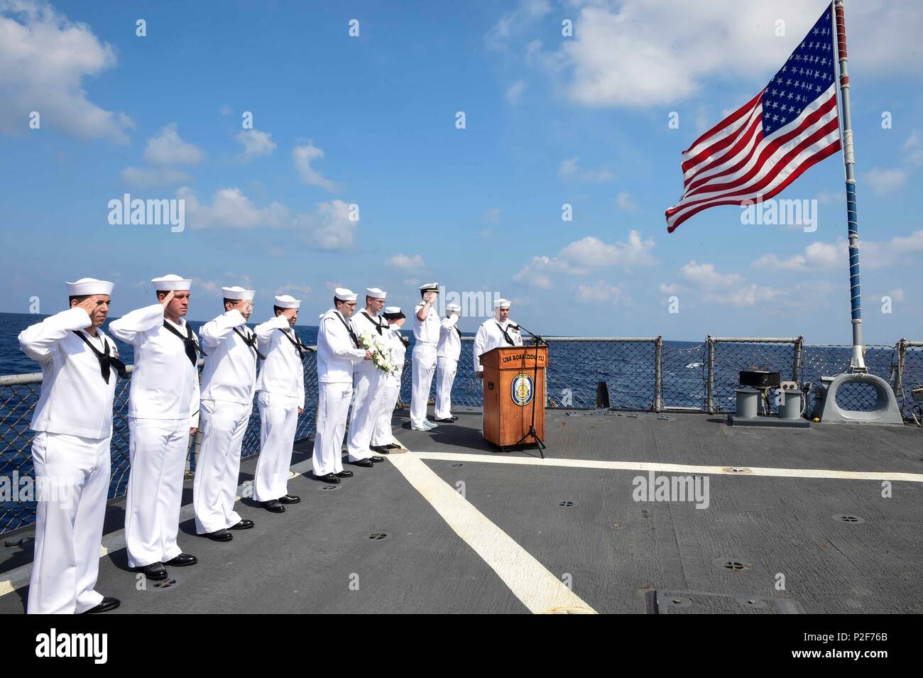 160911-N-FP878-467 MEDITERRANEAN SEA (Sept. 11, 2016) Sailors salute ...