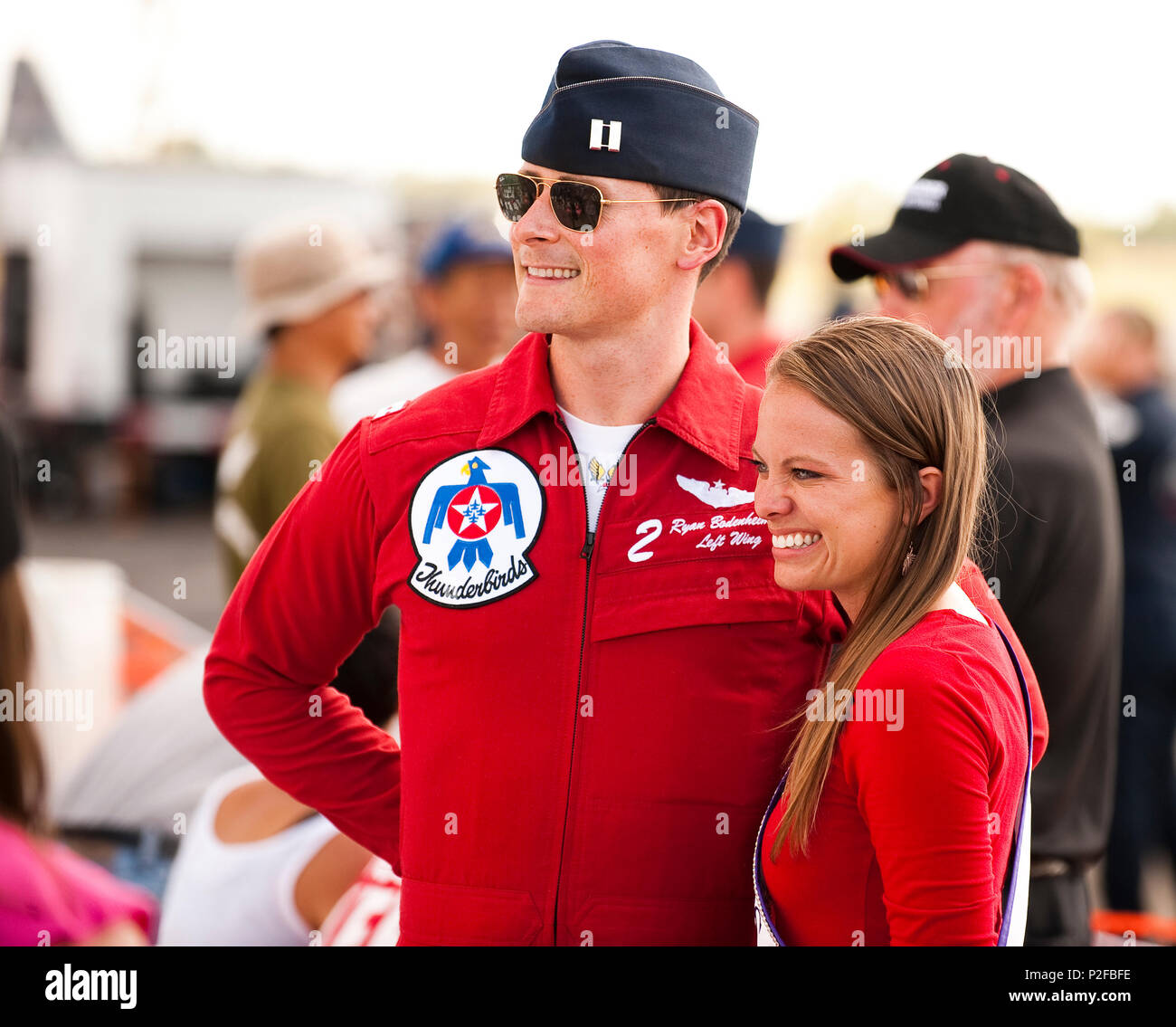 A pilot from the U.S. Air Force Thunderbirds poses for pictures during ...