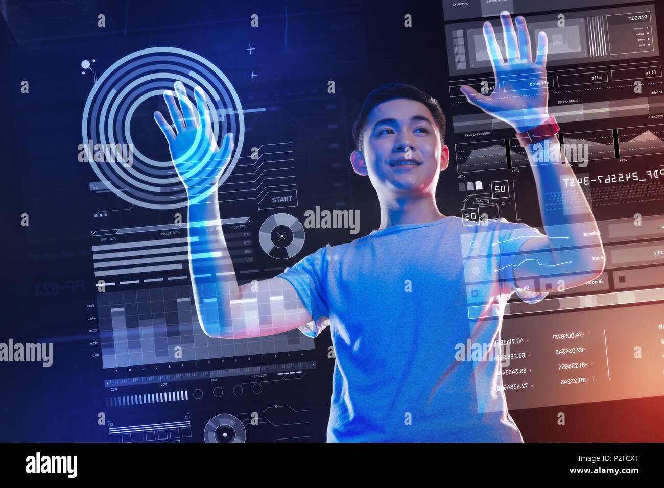 Emotional young person touching the transparent screen with two hands ...