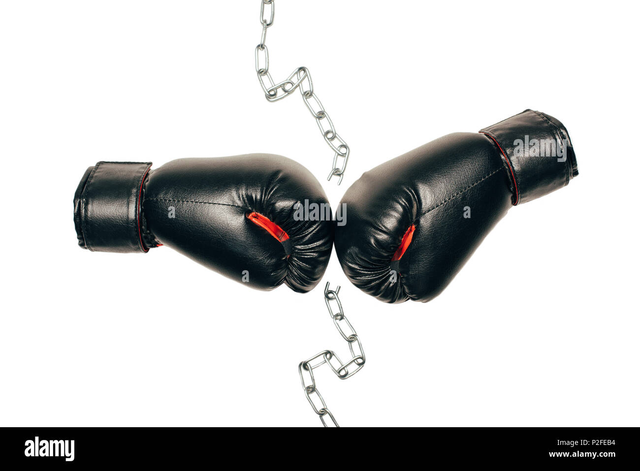 Pair of black boxing gloves with metallic chain in the middle isolated ...