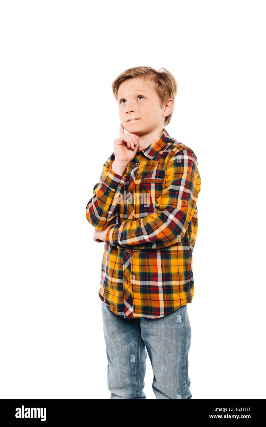 pensive little boy thinking and looking away isolated on white Stock ...