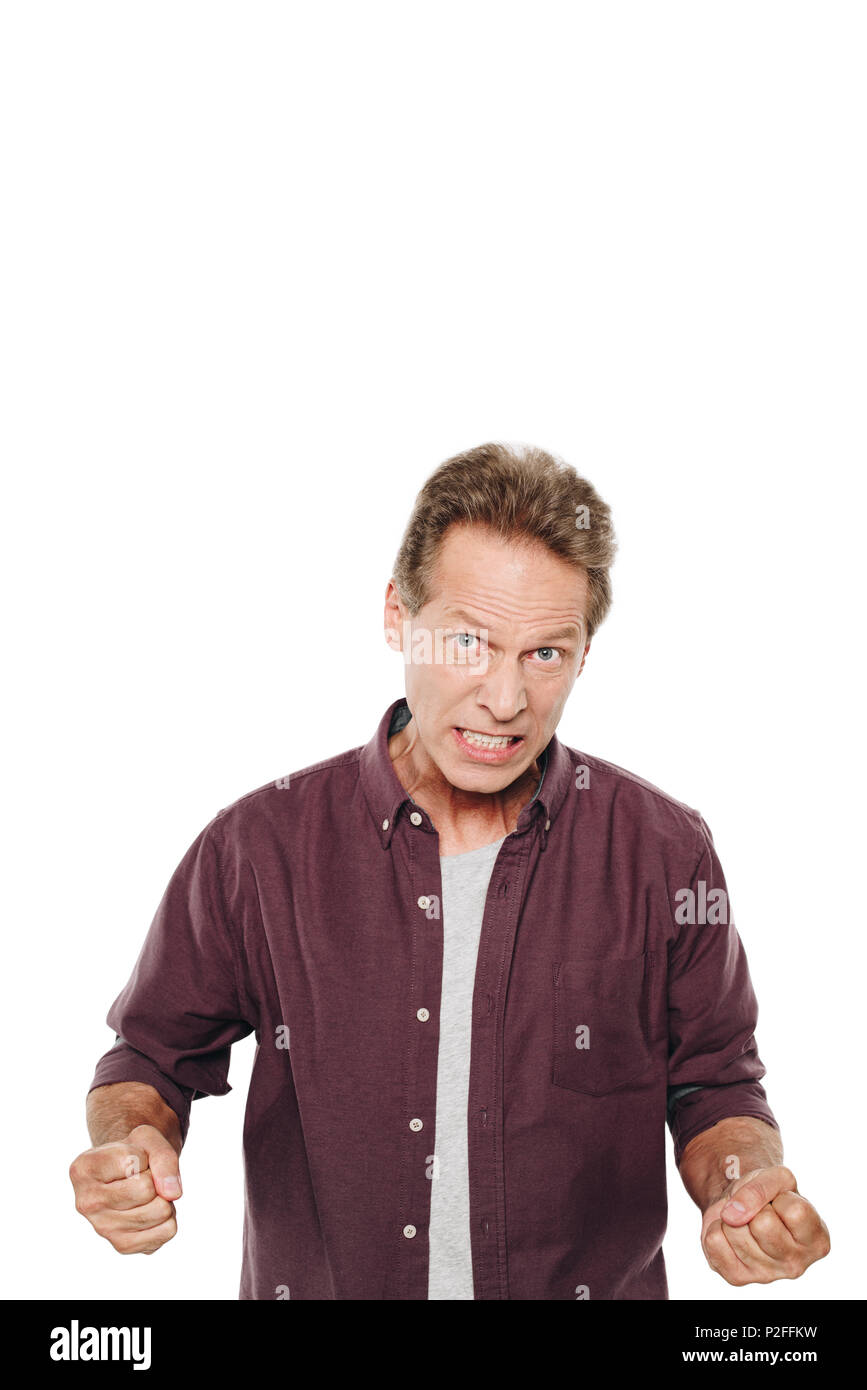 angry man shaking fists and looking at camera isolated on white Stock ...