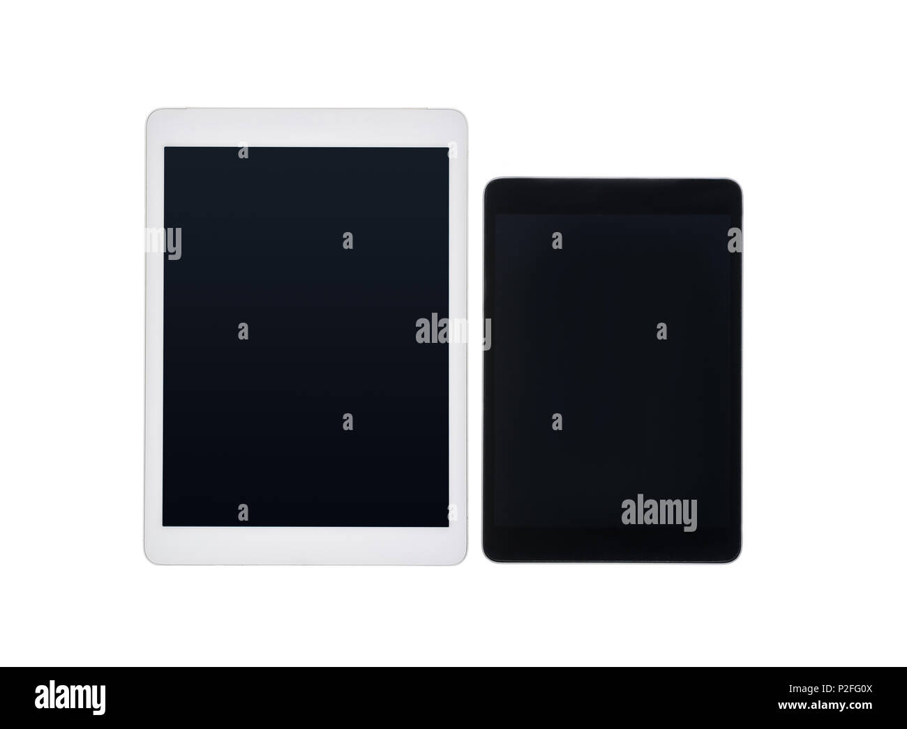 close up view of pair of digital tablets with blank screens isolated on ...