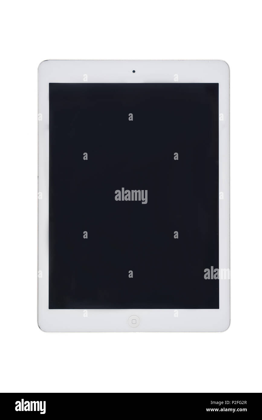 big white digital tablet with black blank screen isolated on white ...