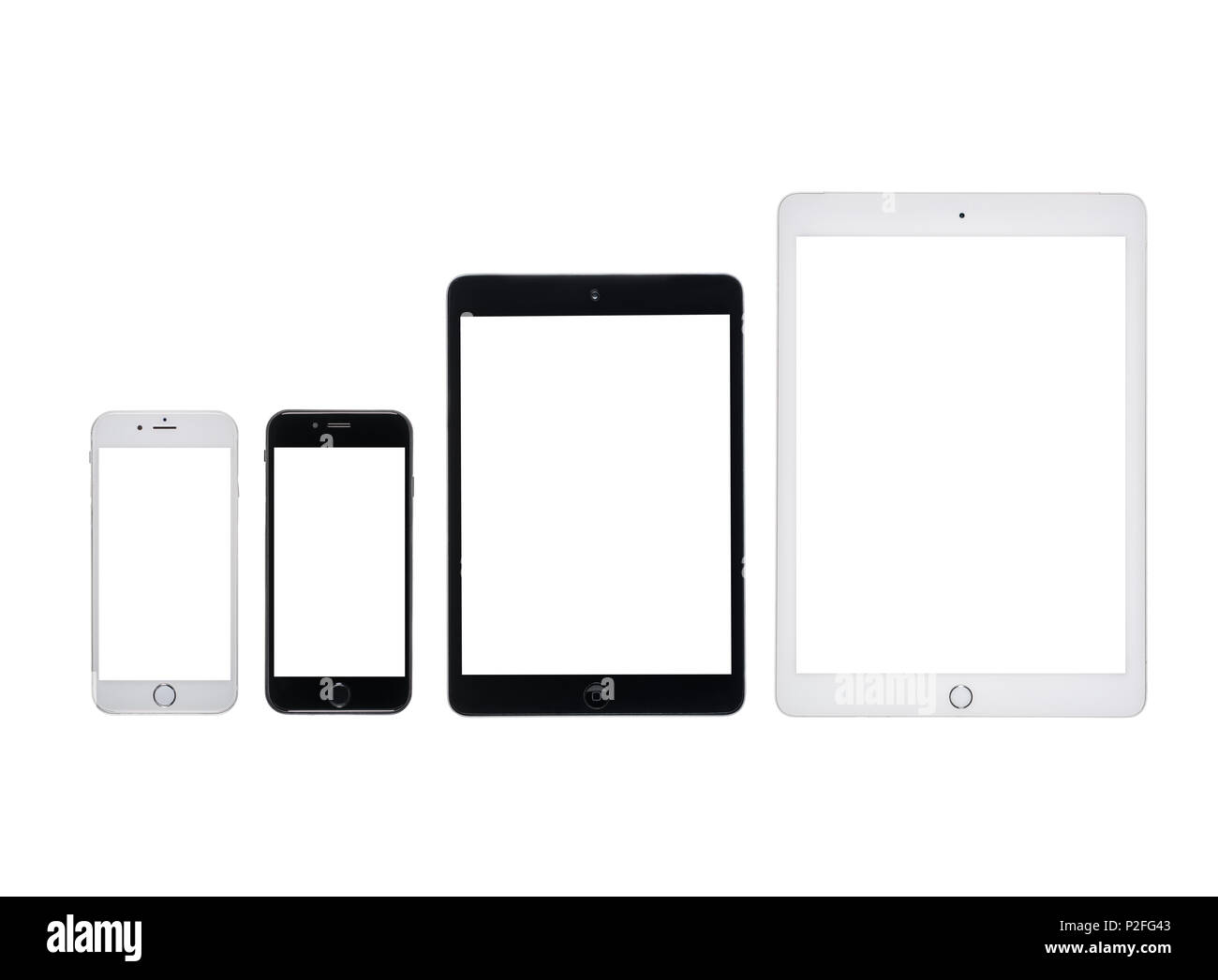 Set of black and white digital tablets with smartphones with blank ...