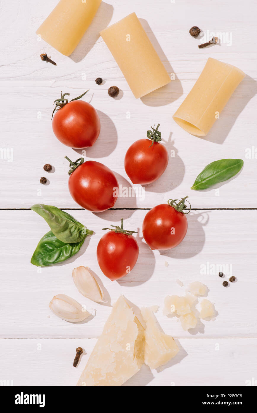 top view of various italian food on white wooden tabletop Stock Photo ...