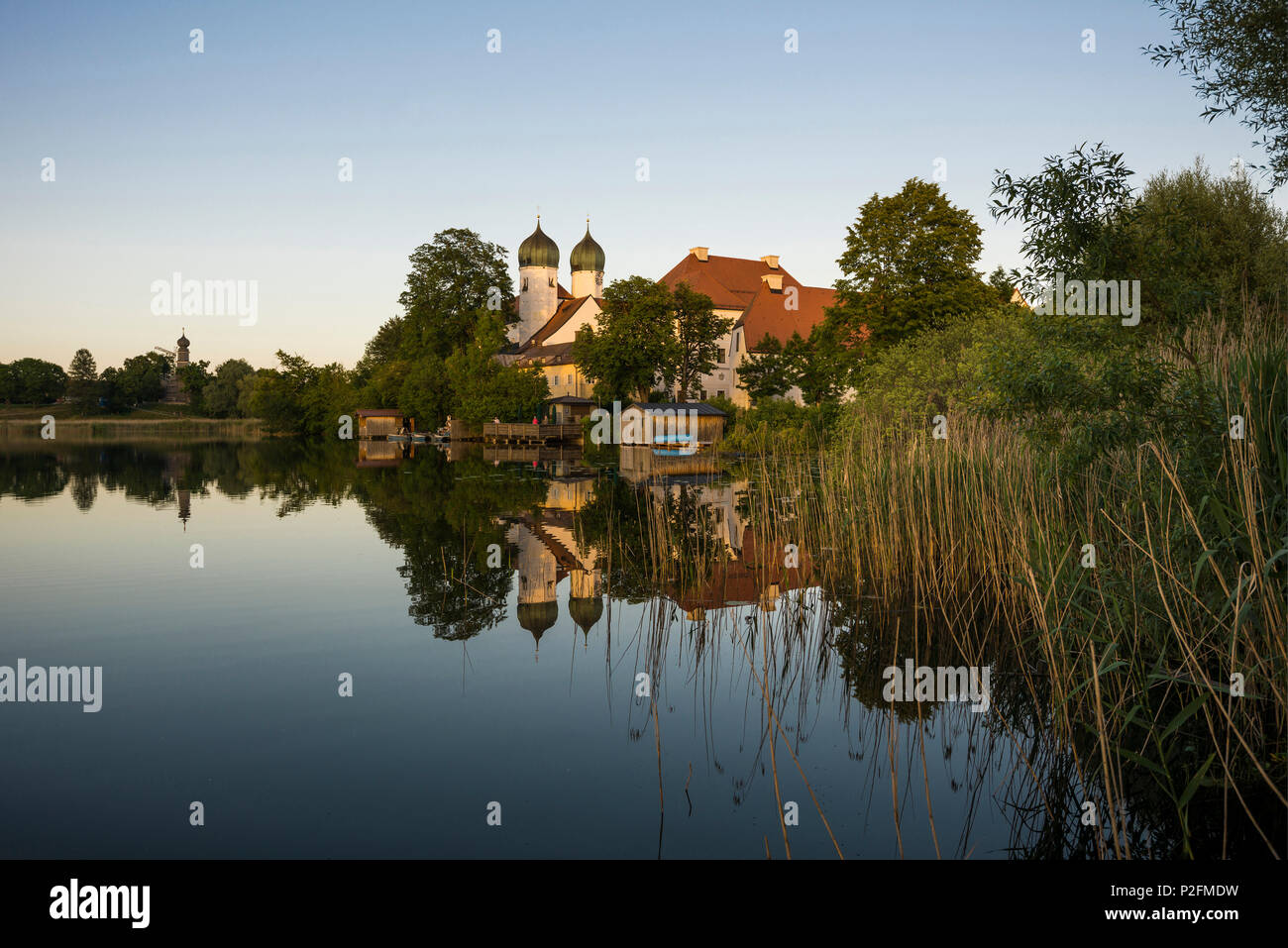 Seeon Monastery and Lake Seeon with reflection, Seeon-Seebruck ...