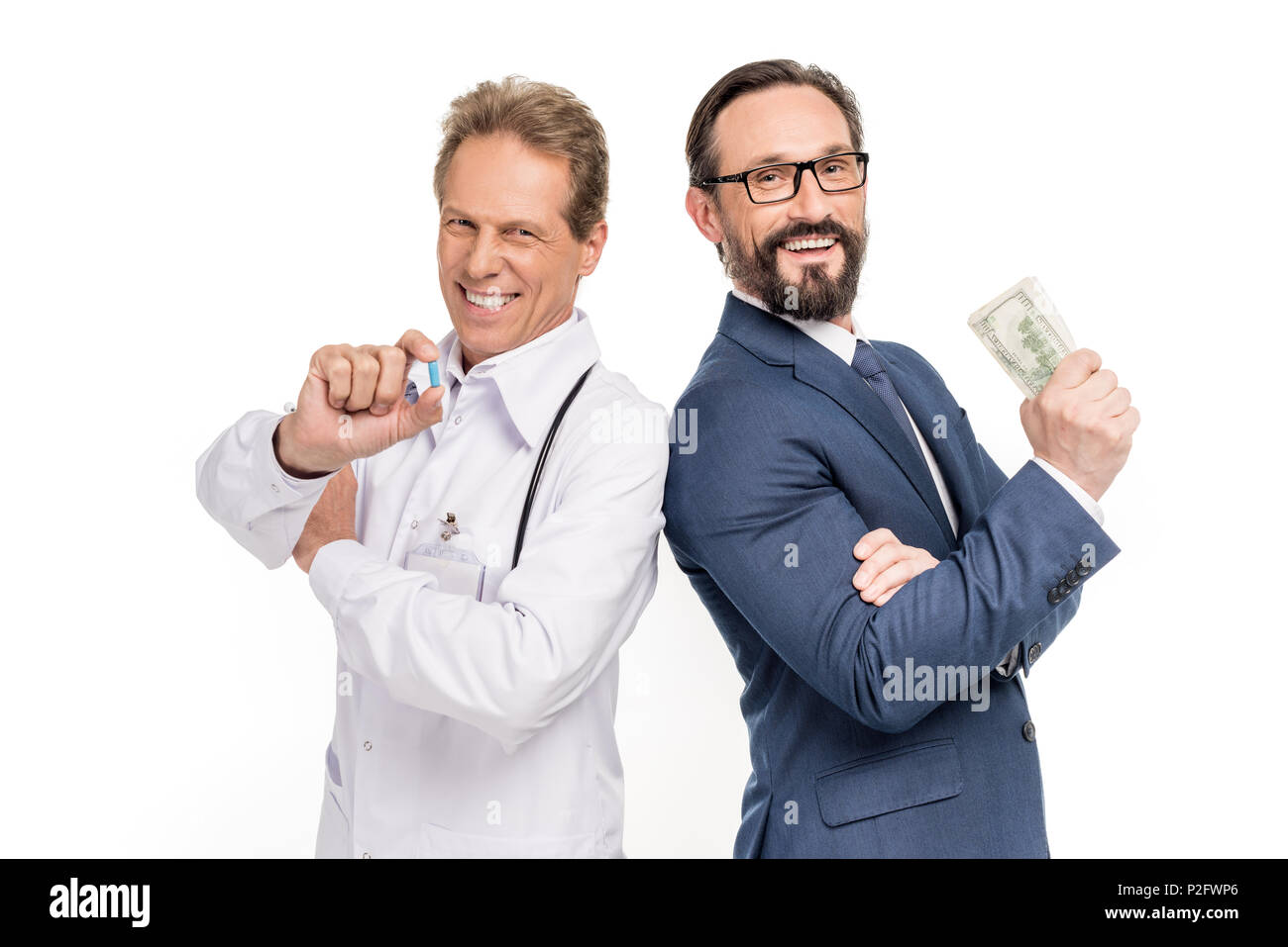 businessman with dollar banknotes and doctor with medication smiling at ...