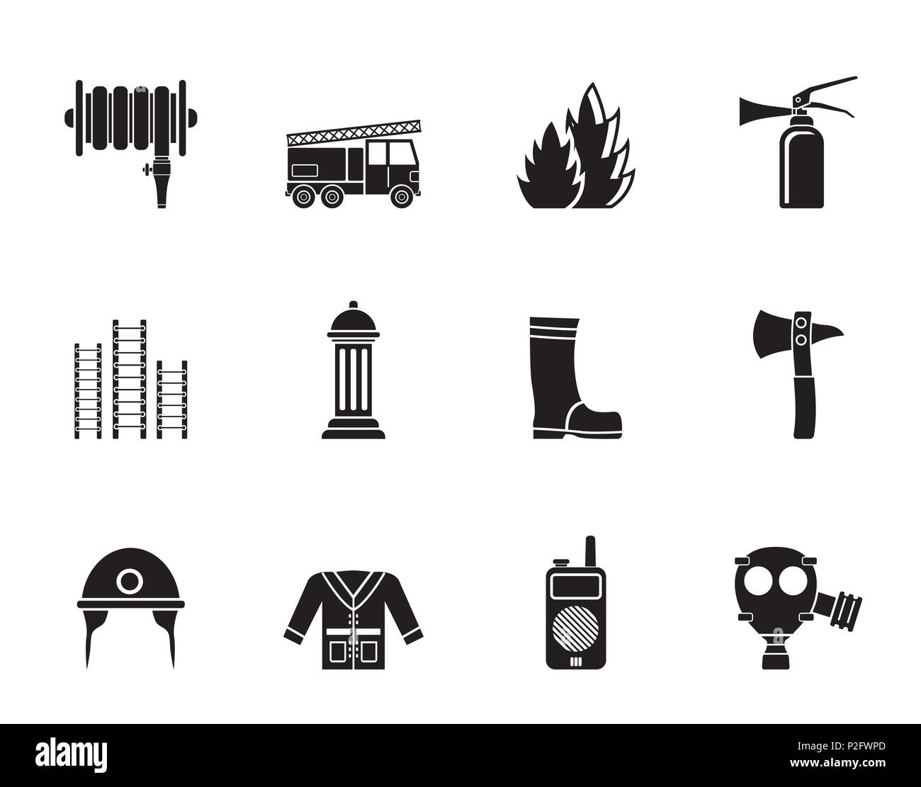 Silhouette fire-brigade and fireman equipment icon - vector icon set ...