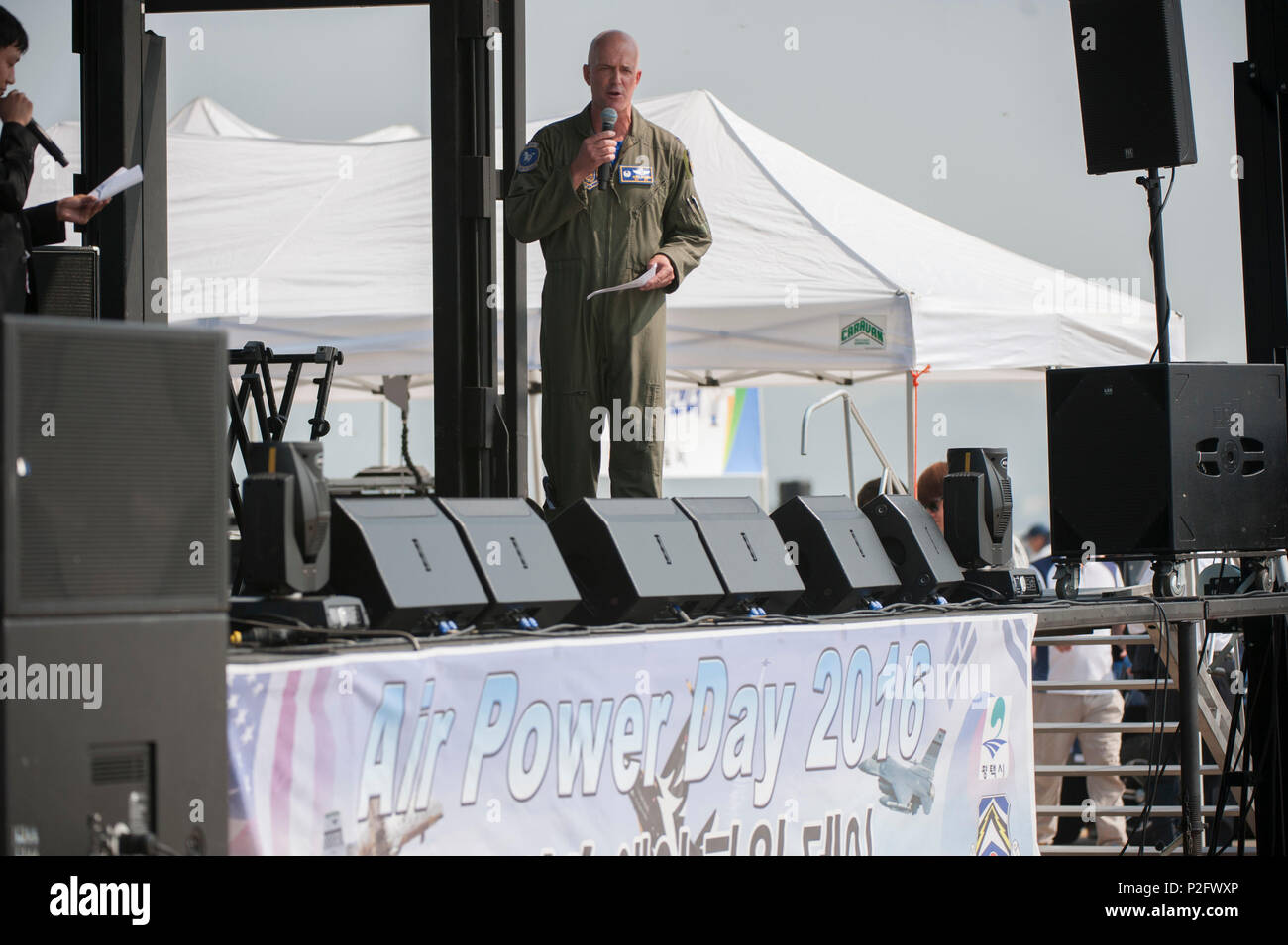 U.S. Air Force Col. Andrew Hansen, 51st Fighter Wing commander, gives ...