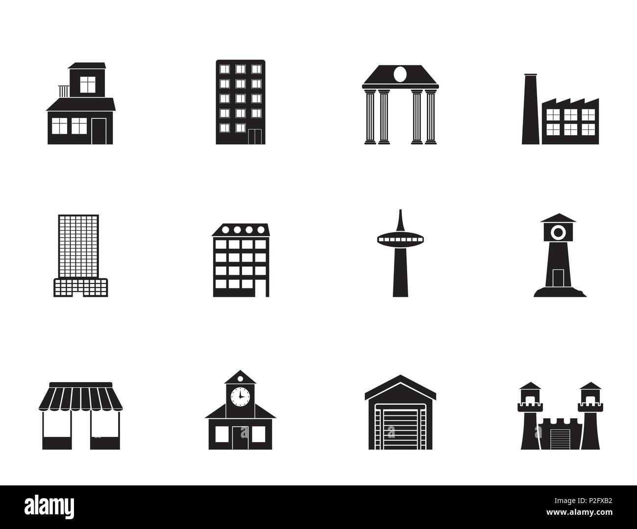 Silhouette different kind of building and City icons - vector icon set ...