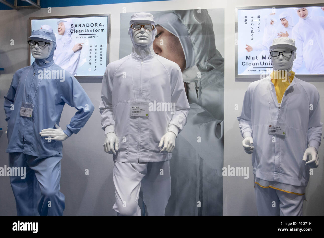 Tokyo, Japan. 15th June, 2018. Food processing uniforms on display ...