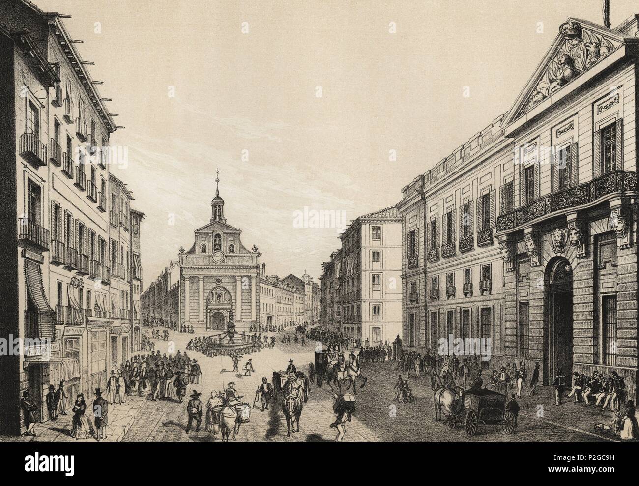 Madrid. Puerta del Sol en 1842. Grabado de 1870 Stock Photo - Alamy