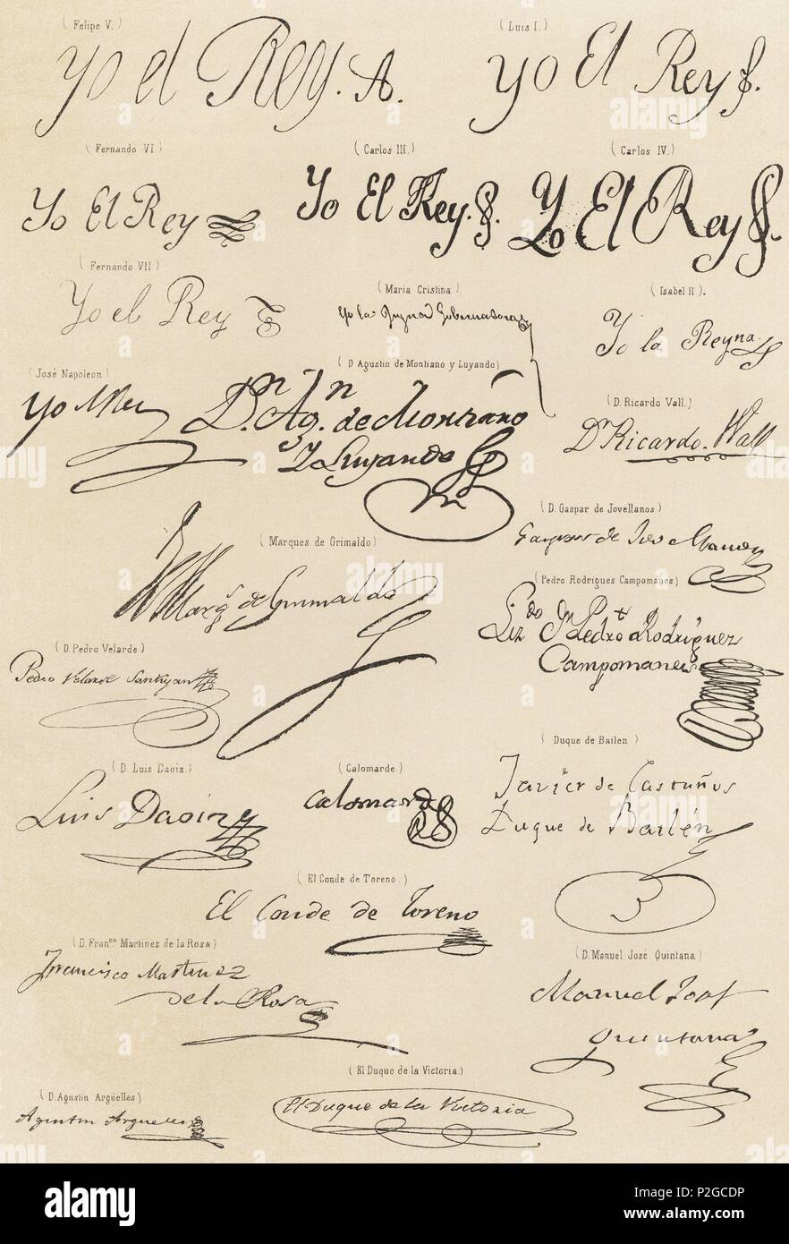 Firmas de Reyes y personajes ilustres de la corte española. Grabado de ...