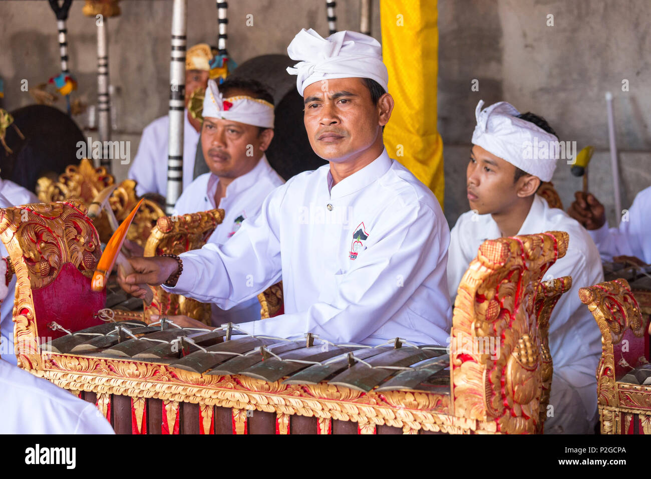 Gamelan ensemble gong, Odalan temple festival, Sidemen, Bali, Indonesia ...