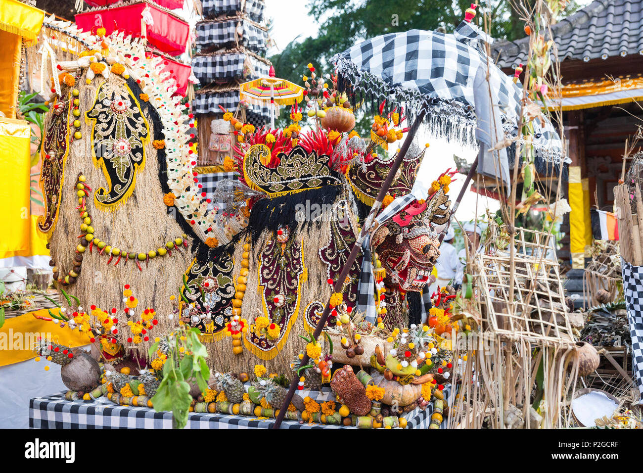 Barong and offerings, Odalan temple festival, Sidemen, Bali, Indonesia ...