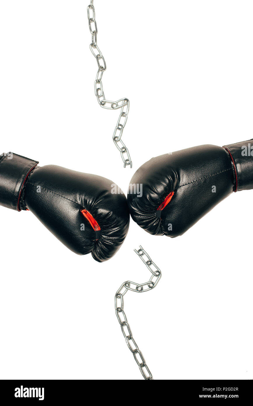 Pair of black boxing gloves with metallic chain in the middle isolated ...