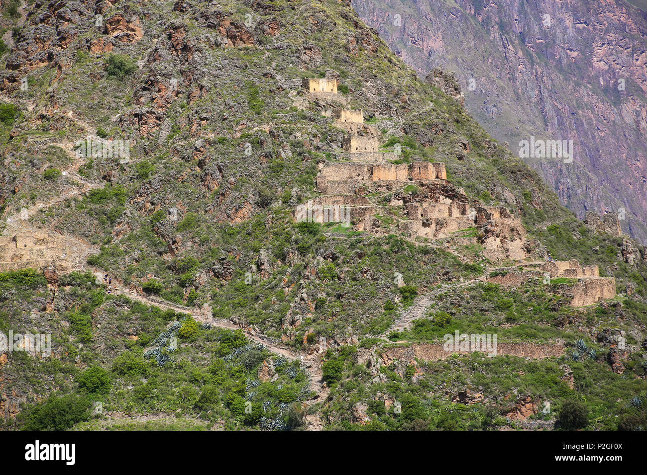 Inca storehouses on the hill surrounding Ollantaytambo, Peru ...