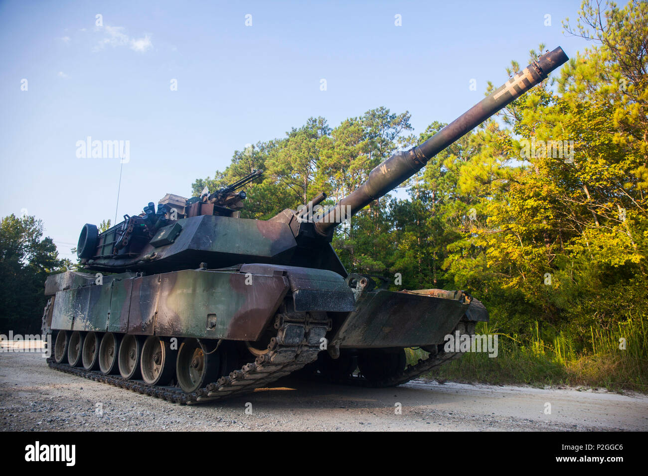 A M1A1 Abrams tank staged on a road as part of a military operation in ...
