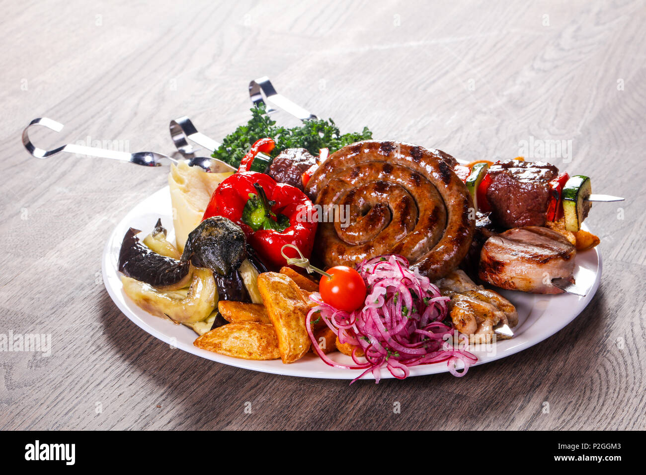 Grilled Pork and vegetables barbeque Stock Photo - Alamy