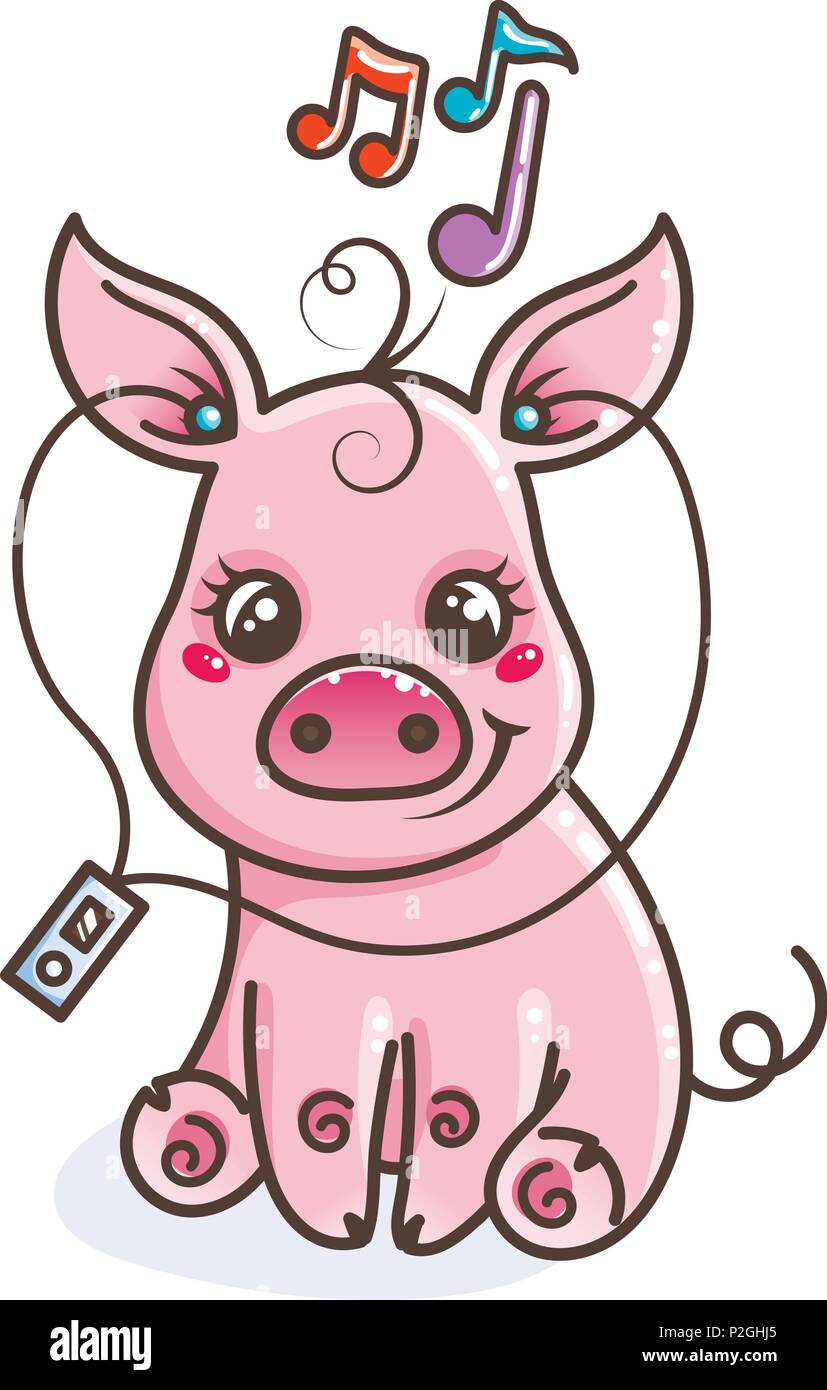 Cute cartoon baby pig with music player. Vector illustration Stock ...
