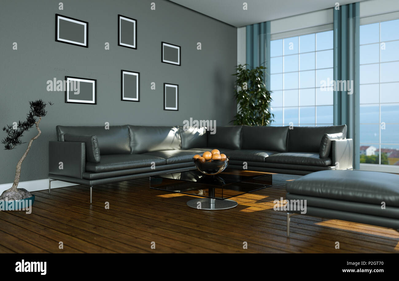 Modern bright room interior design with leather sofa 3d Illustration ...
