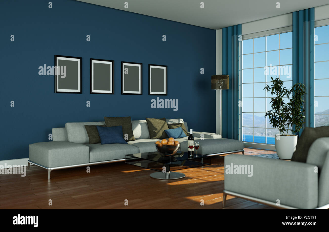 Modern bright room interior design with sofa 3d Illustration Stock ...