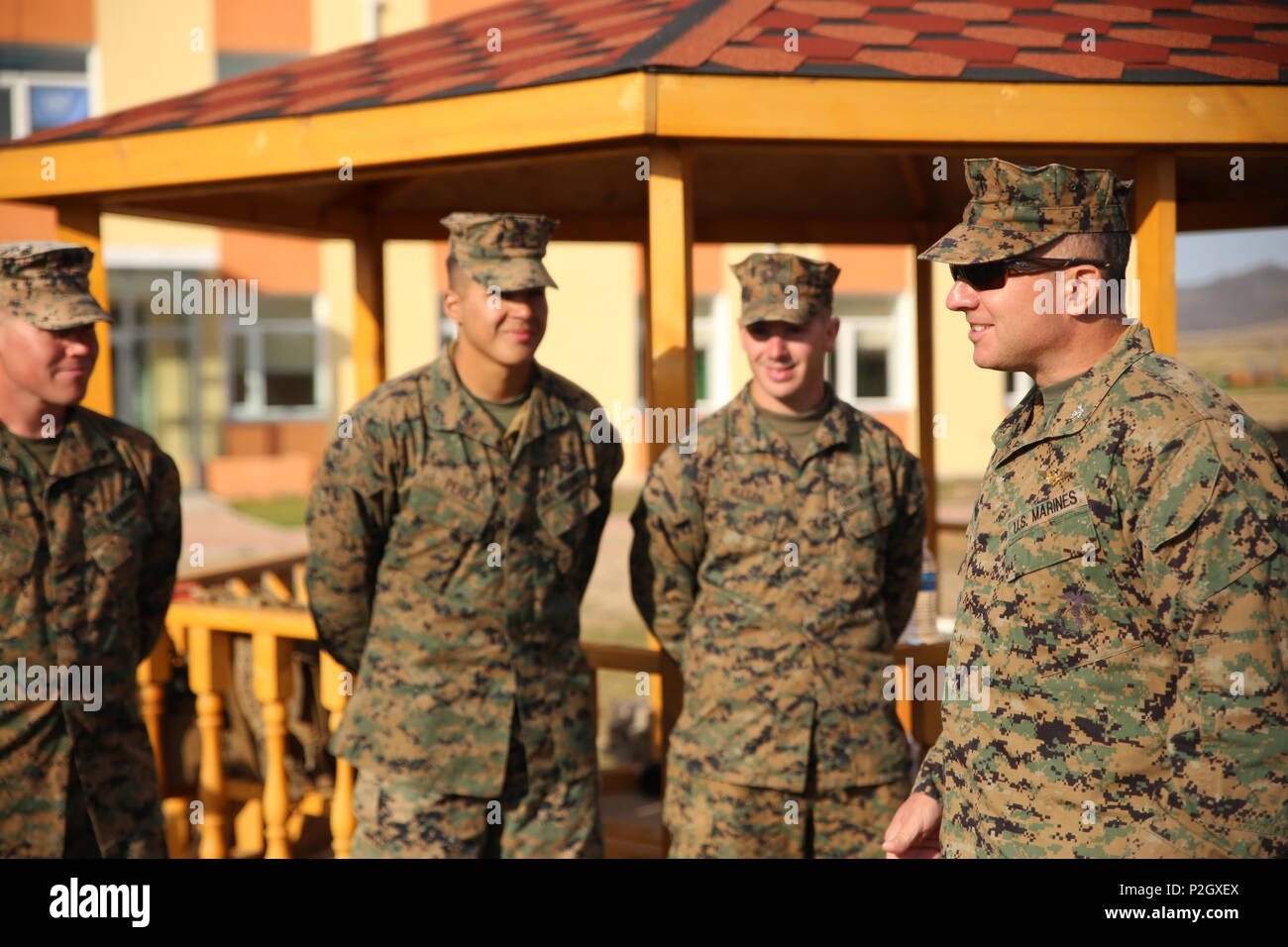 U.S. Marine Col. Peter Gadd, right, speaks to the Marines with 3rd Law ...