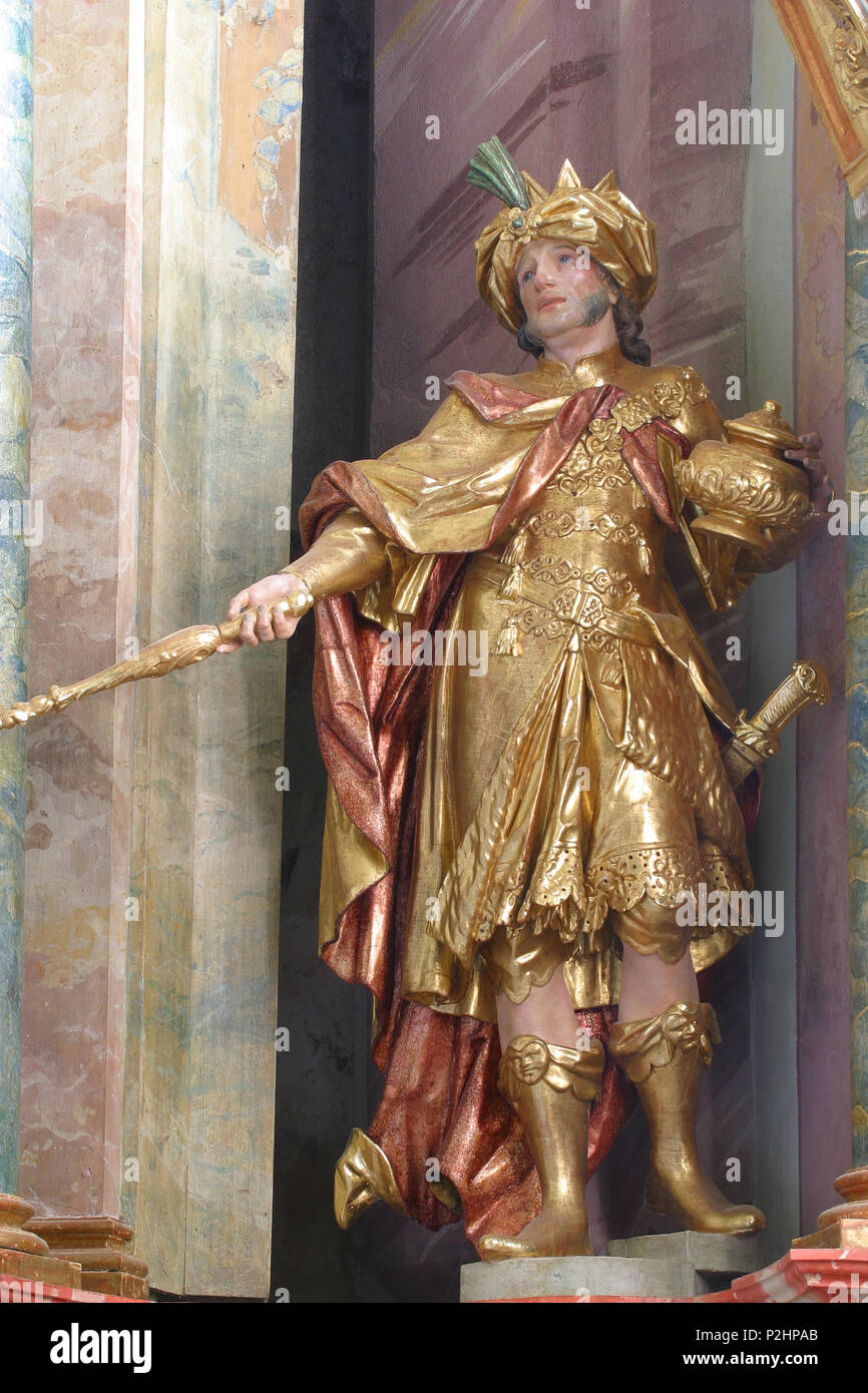 Biblical Magi Gaspar statue on the altar in the Baroque Church of Our ...